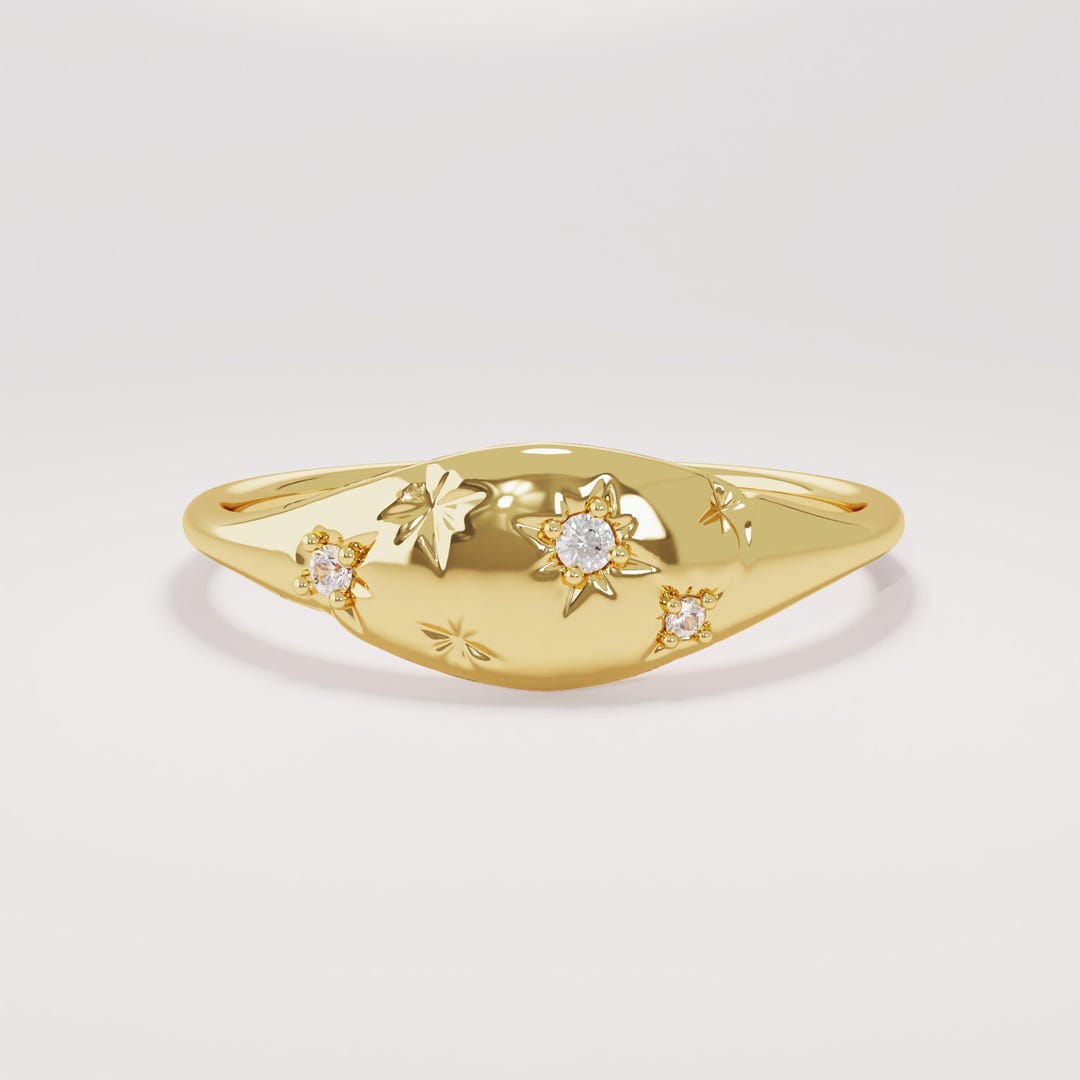 Diamond Star Pinky Ring, 14k Gold Signet Ring, Solid Gold Minimalist ...