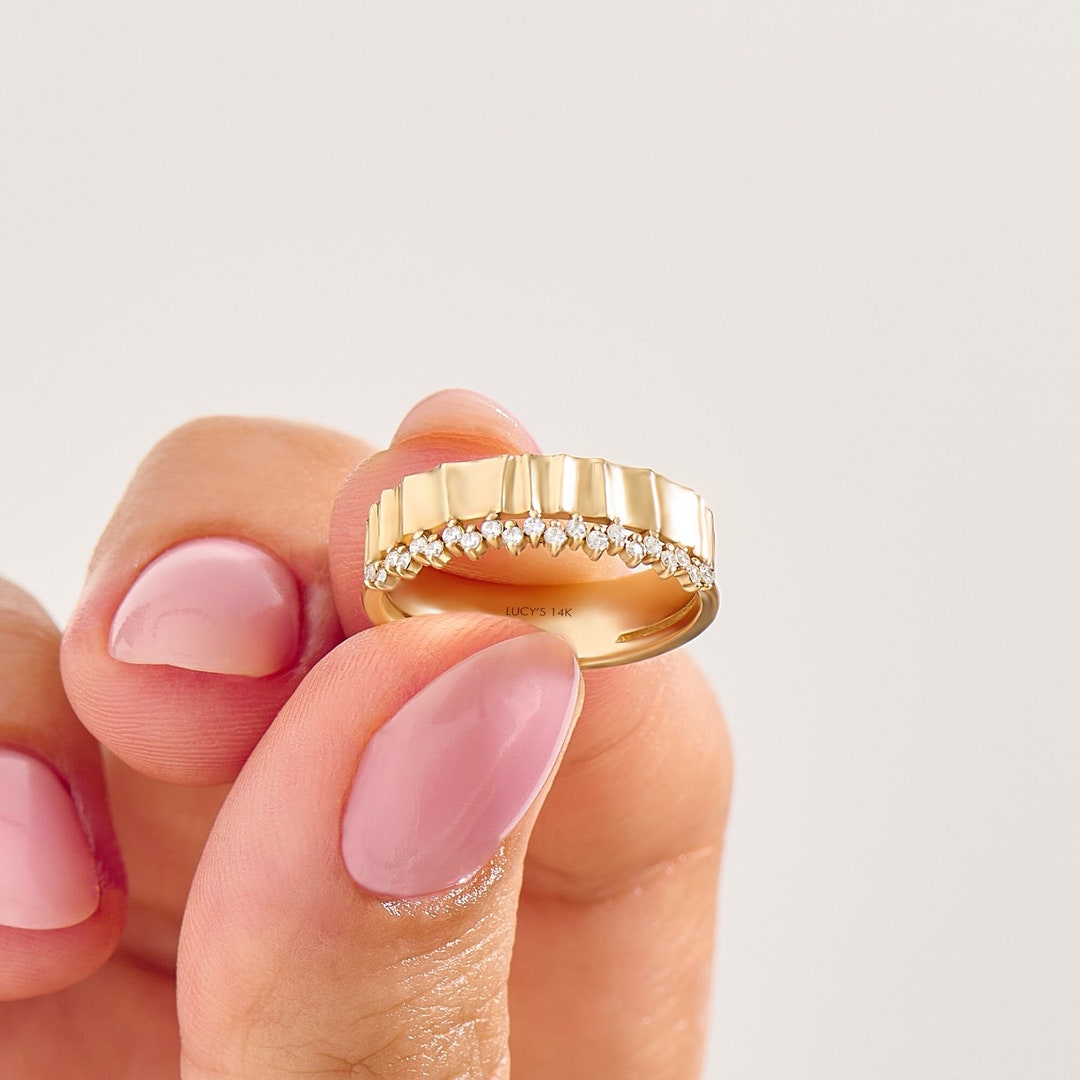 Diamond Wedding Band, 14k Gold Pave Diamond Ring, Solid Gold Half ...