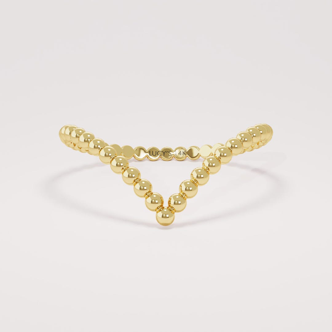 14k Solid Gold Dot Chevron Ring, Beaded Stacking Ring Enhancer, Curved ...