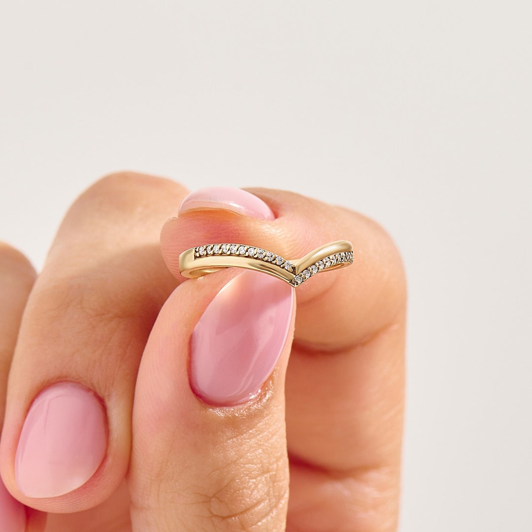 Pave Diamond Chevron Ring, Solid Gold Curved Wedding Band, 14k Gold V ...