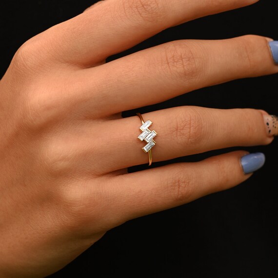 Diamond Slanted Baguette Engagement Ring 14k Gold Baguette - Etsy