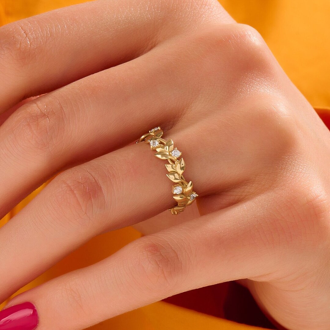Diamond Ivy Ring, 14k Gold Leaf Wedding Band, Solid Gold Botanical Ring ...