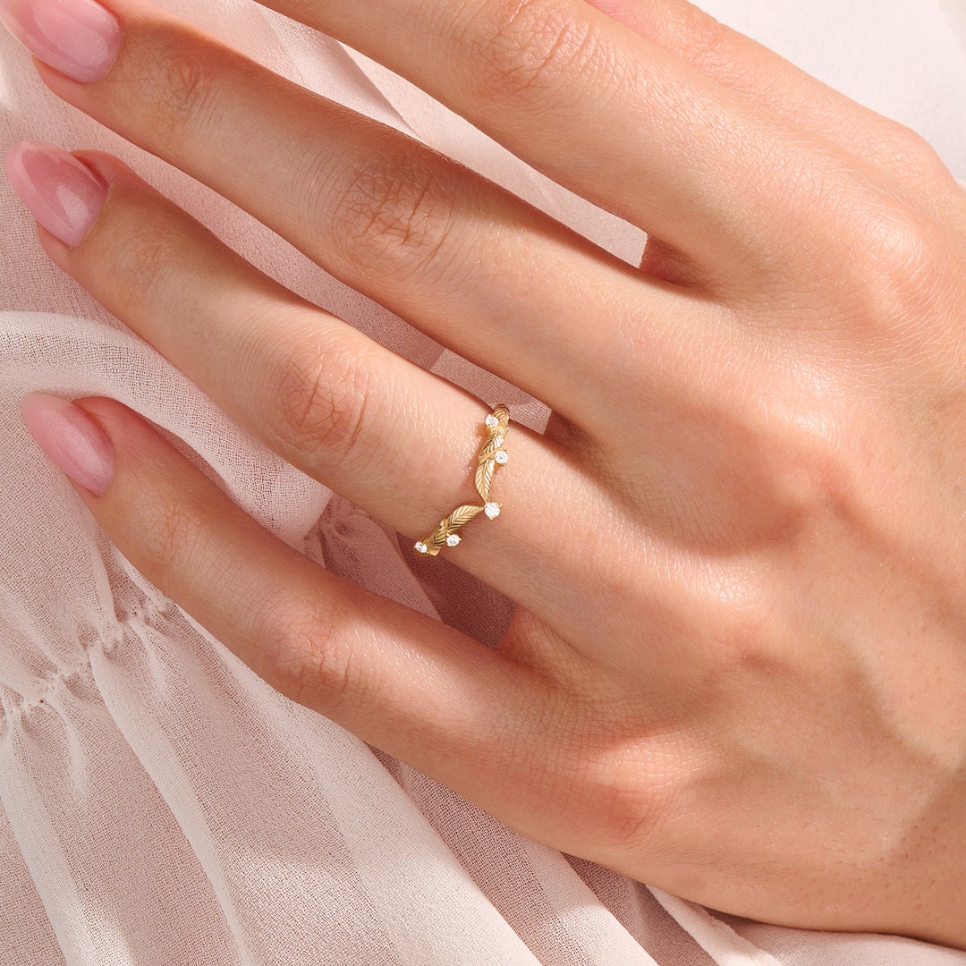 Tiny Diamond Leaf Chevron Ring, 14k Solid Gold Stacking Ring Enhancer ...