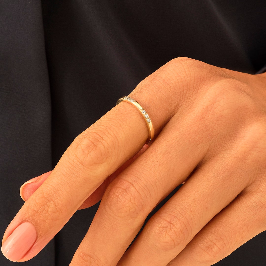 Pave Diamond Slim Wedding Ring 14k Solid Gold Simple - Etsy
