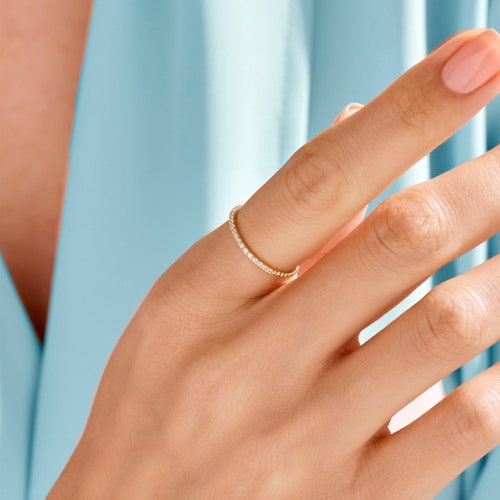 Pave Diamond Slim Wedding Ring 14k Solid Gold Simple - Etsy