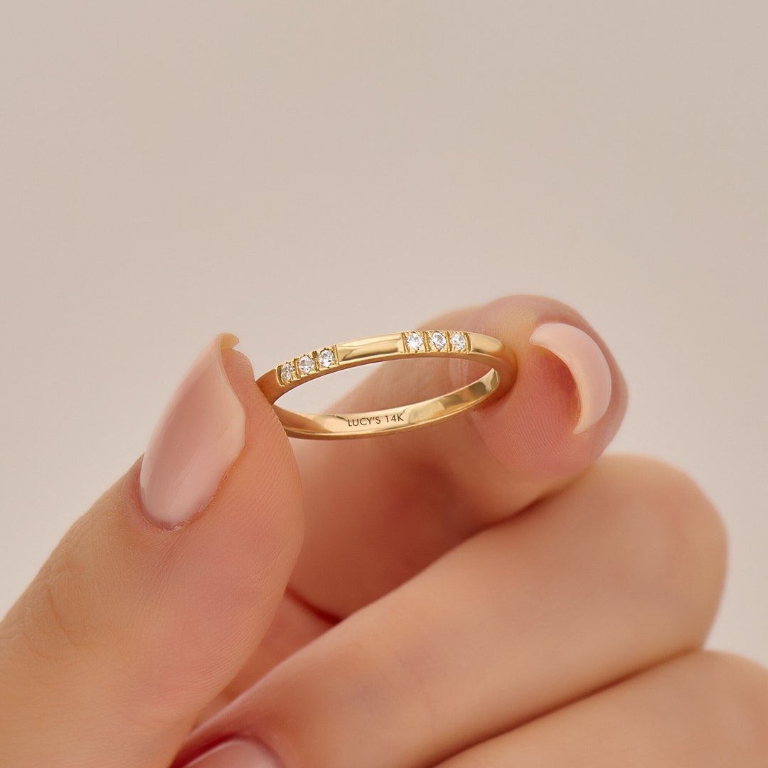 Pave Diamond Slim Wedding Ring 14k Solid Gold Simple Matching Band ...