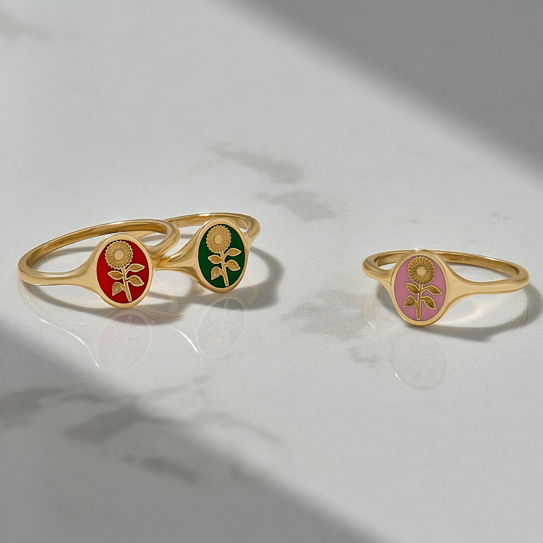 Sun Flower Engraved Enamel Signet Ring, 14k Solid Gold Personalized ...