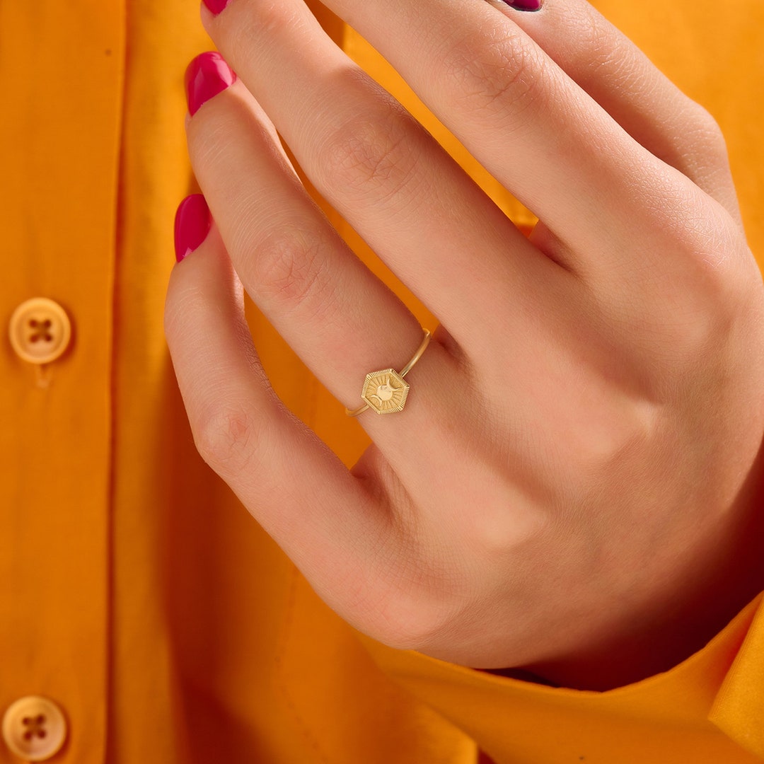 Hexagon Solar Eclipse Ring Sun & Moon Engraved Ring Crescent Moon ...