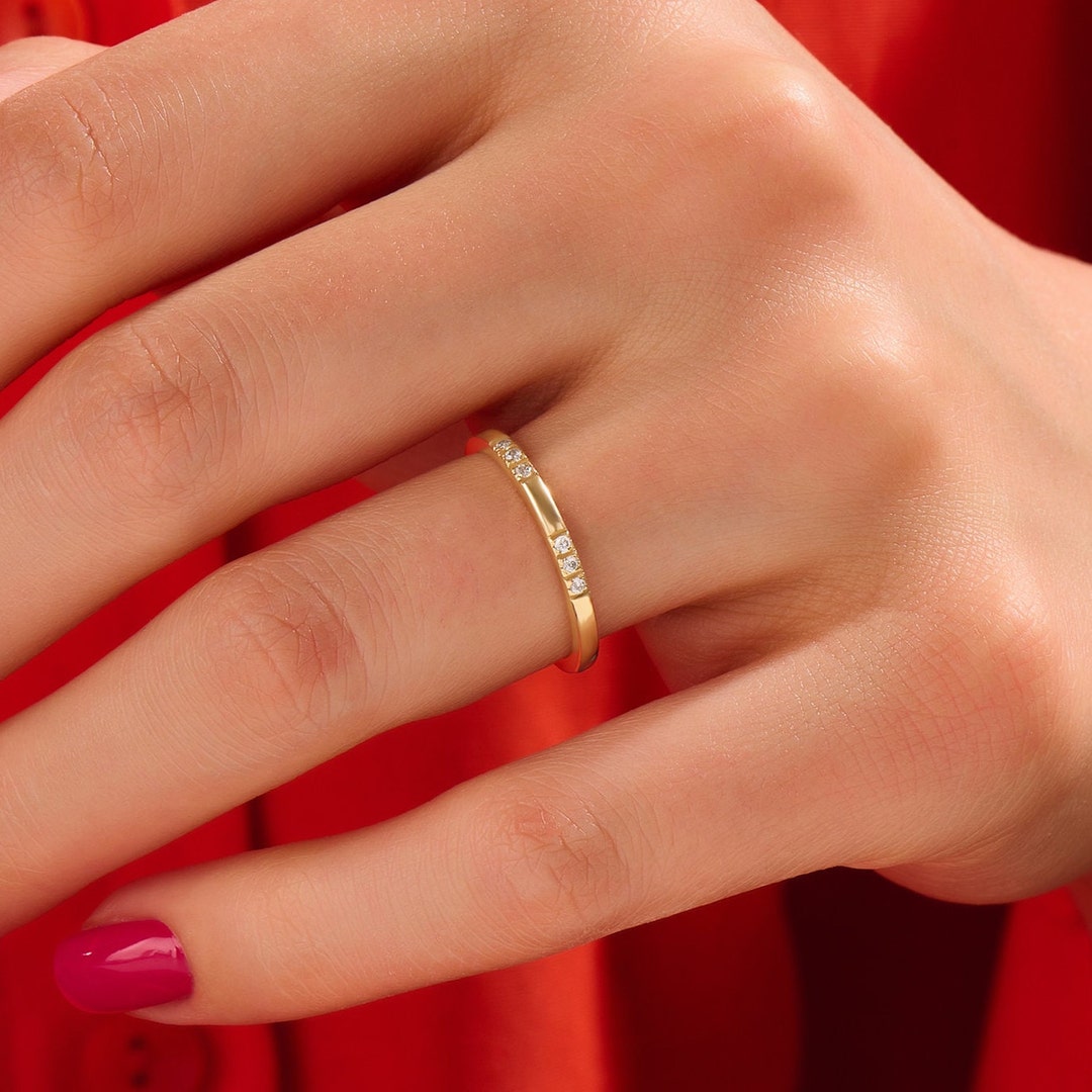 Pave Diamond Slim Wedding Ring 14k Solid Gold Simple - Etsy