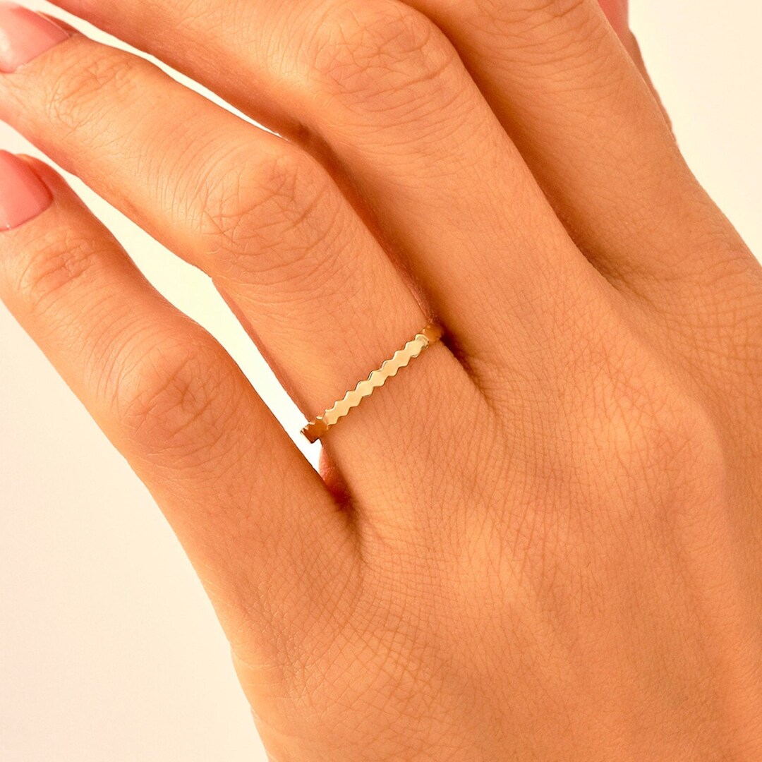14k Geometric Wedding Band Solid Gold Stackable Ring Women - Etsy
