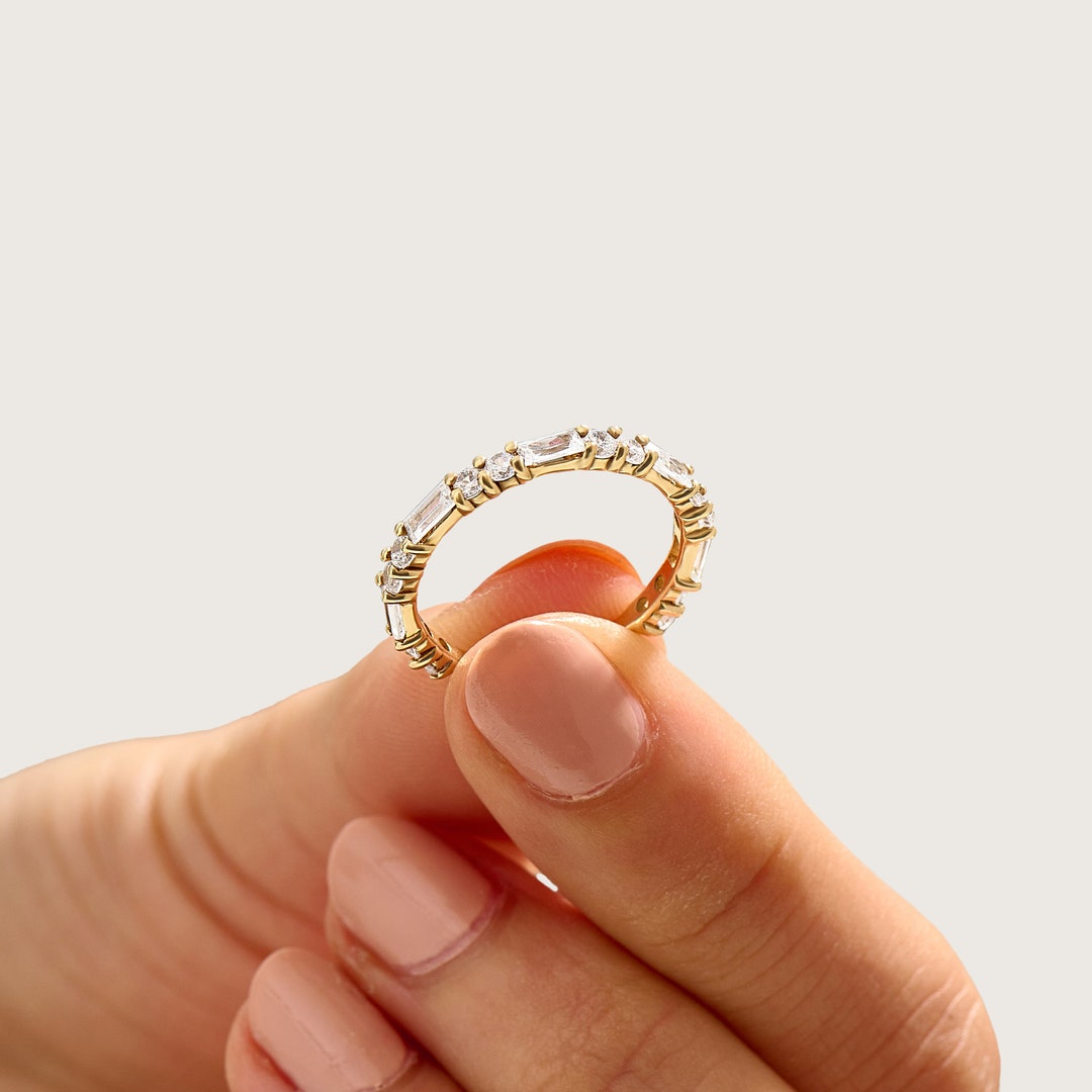 Classic Alternating Baguette Diamond Ring, Solid Gold Eternity Wedding Ring, 14k 2.50mm Slim ...