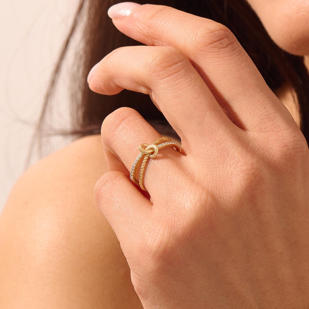 14k Gold Knot Ring Women Solid Gold Ring Dainty Stacking Ring Diamond ...