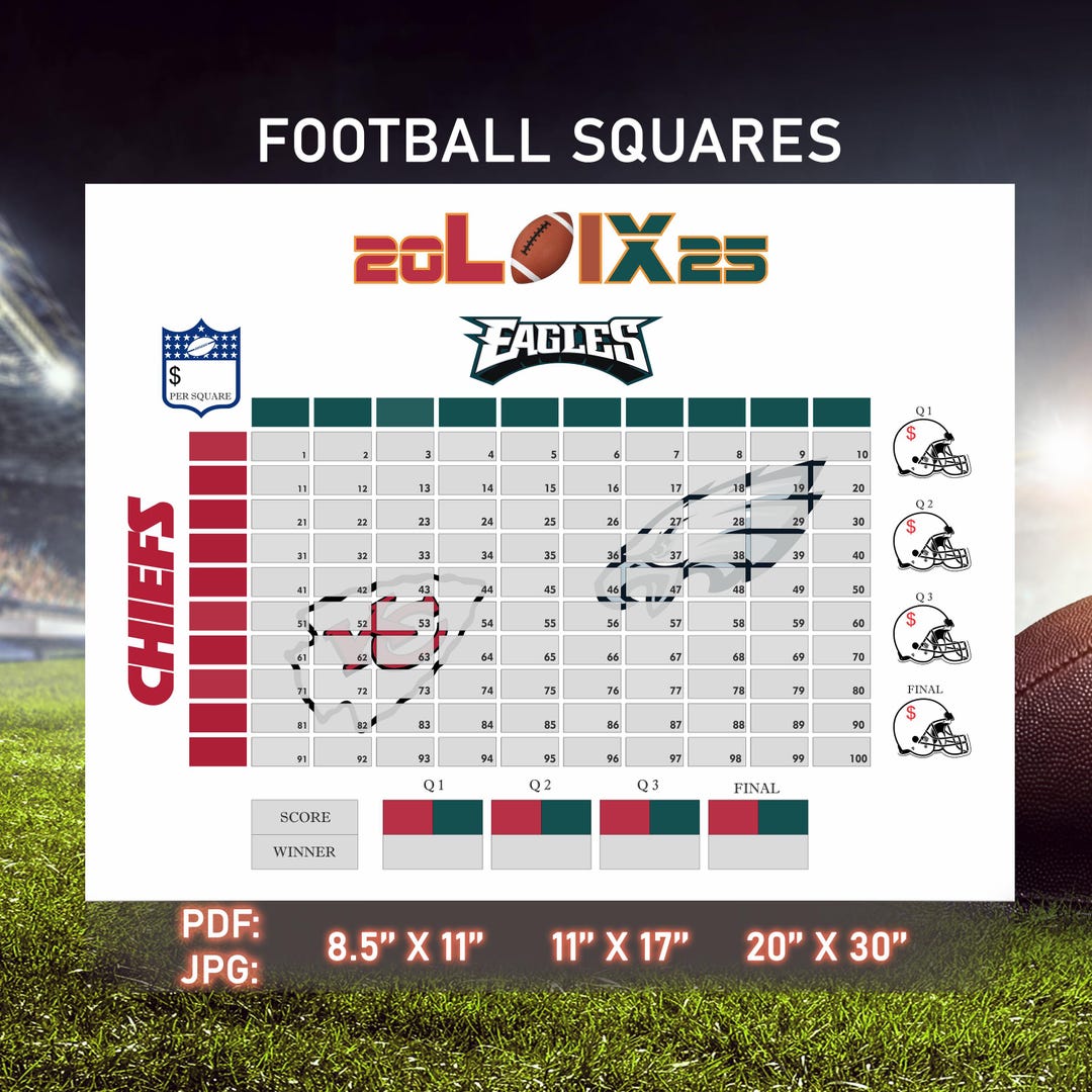 Super Bowl Squares, Football Squares Printable, 2025 Football Squares ...