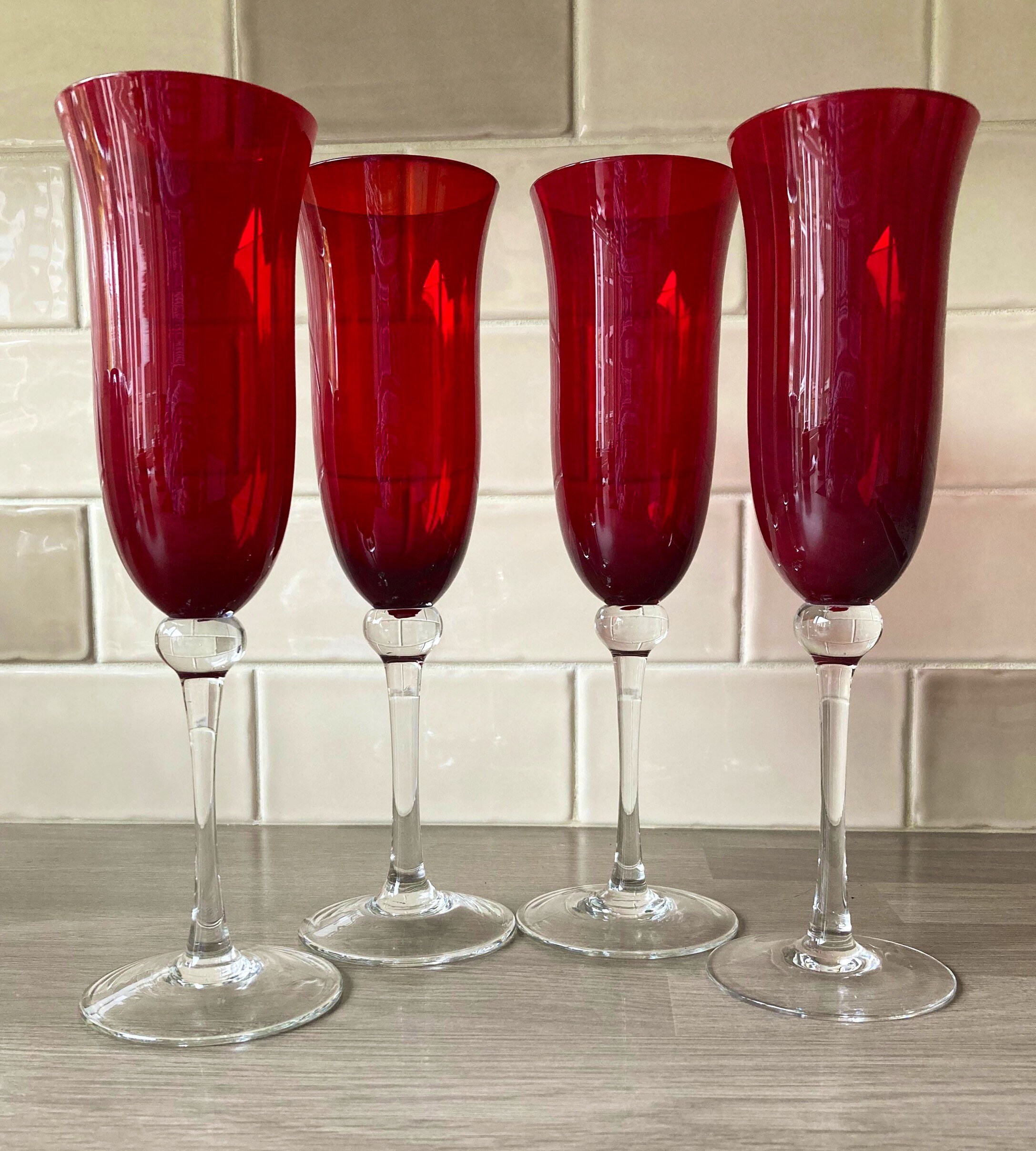 Ruby Red Blown Glass Champagne Flutes Set of 4 - Etsy