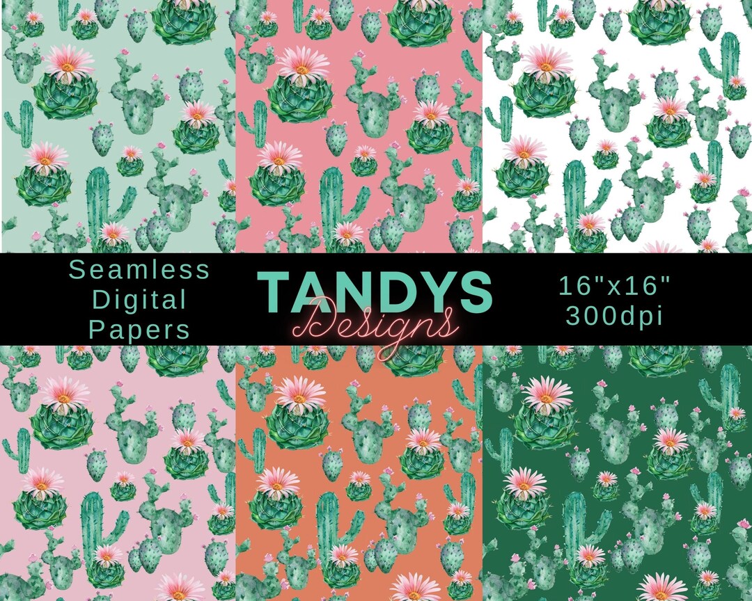 Watercolor Cactus Digital Paper Set for Scrapbooking - Commercial Use ...