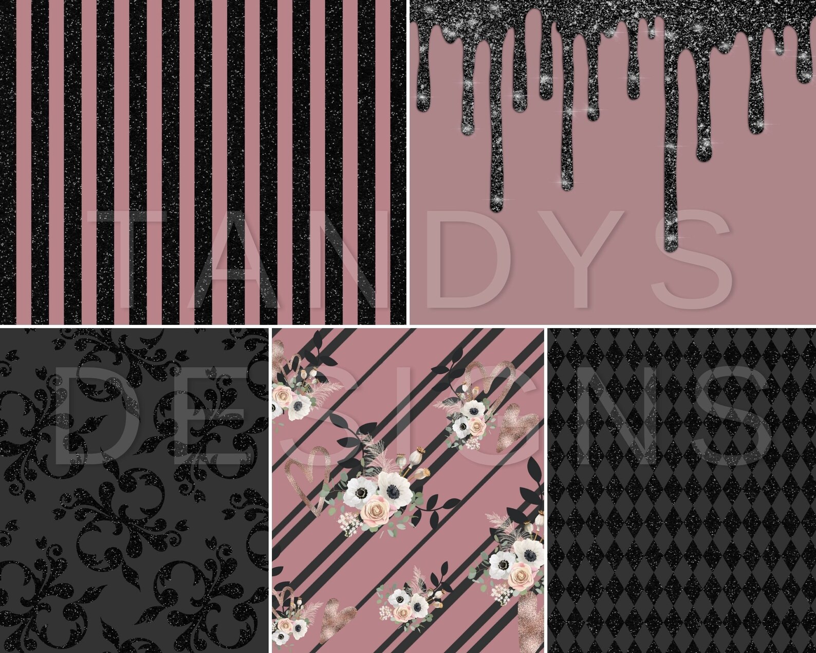 Pink and Black Digital Paper Scrapbooking Paper Glitter | Etsy