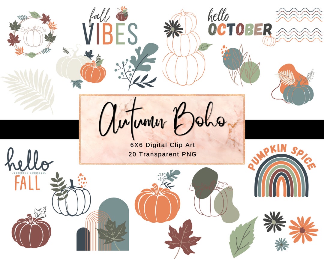 Bohemian Autumn Fall Digital Clipart PNG: Seasonal Boho Illustrations ...