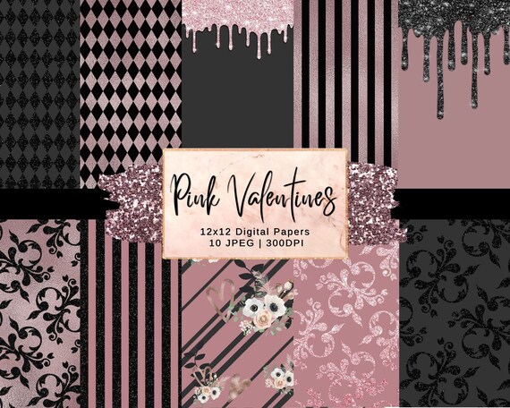 Pink and Black Digital Paper Scrapbooking Paper Glitter | Etsy
