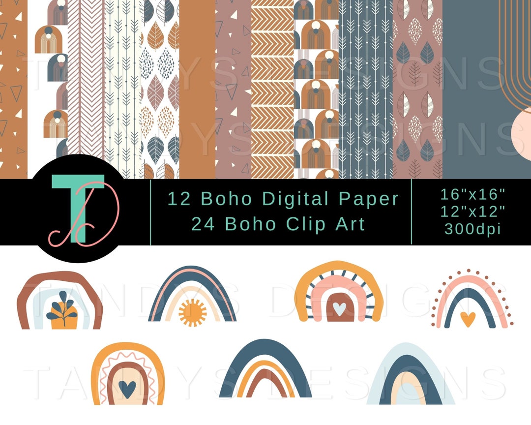 Boho Rainbow Clip Art and Wallpaper, Downloadable Paper - Etsy