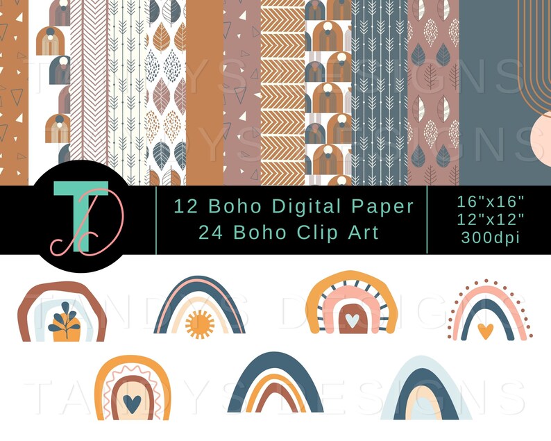 Boho Rainbow Clip Art and Wallpaper, Downloadable Paper - Etsy