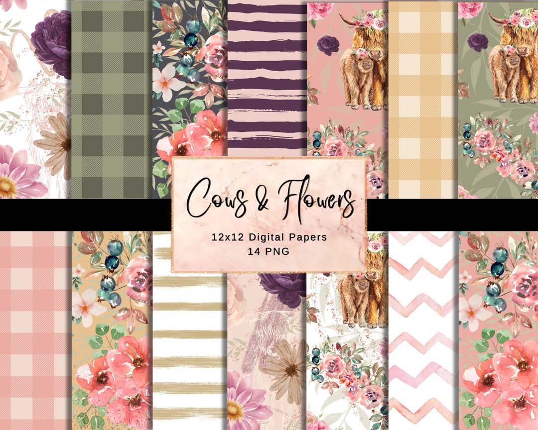 Cows and Flowers Digital Wallpaper, Pink Flowers, Highland Cow, Country ...