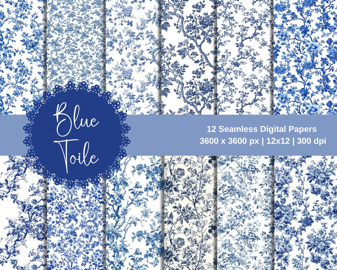 Elegant Blue Toile Seamless Digital Paper: Floral Prints & Wallpaper ...