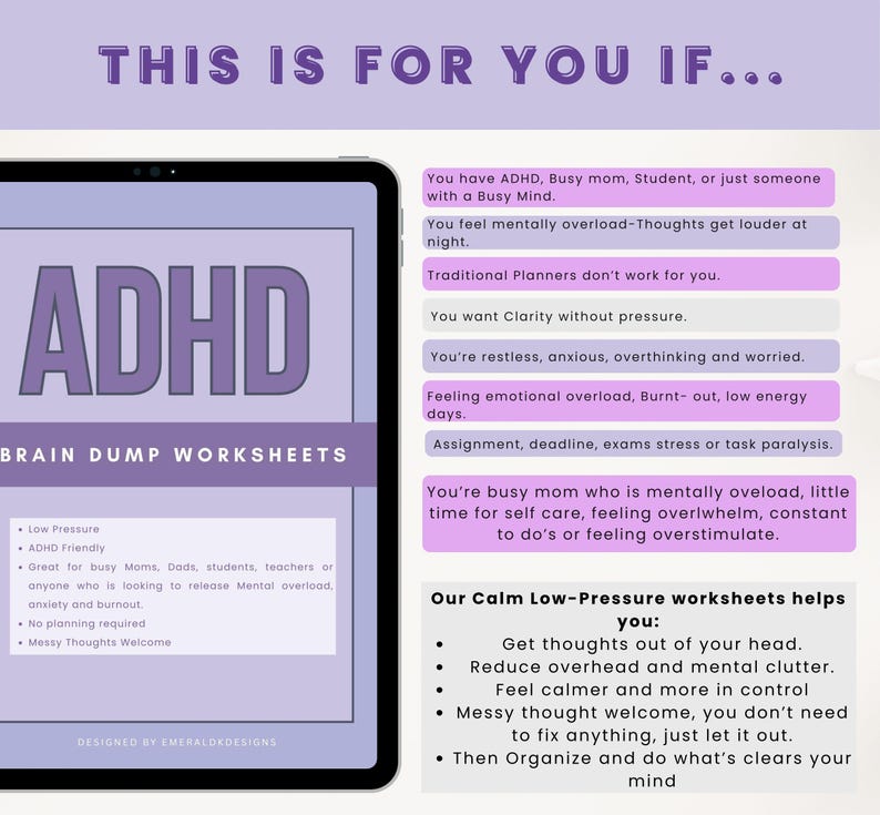 ADHD Evening Brain Dump Printable| Digital Planner Adult Student ...