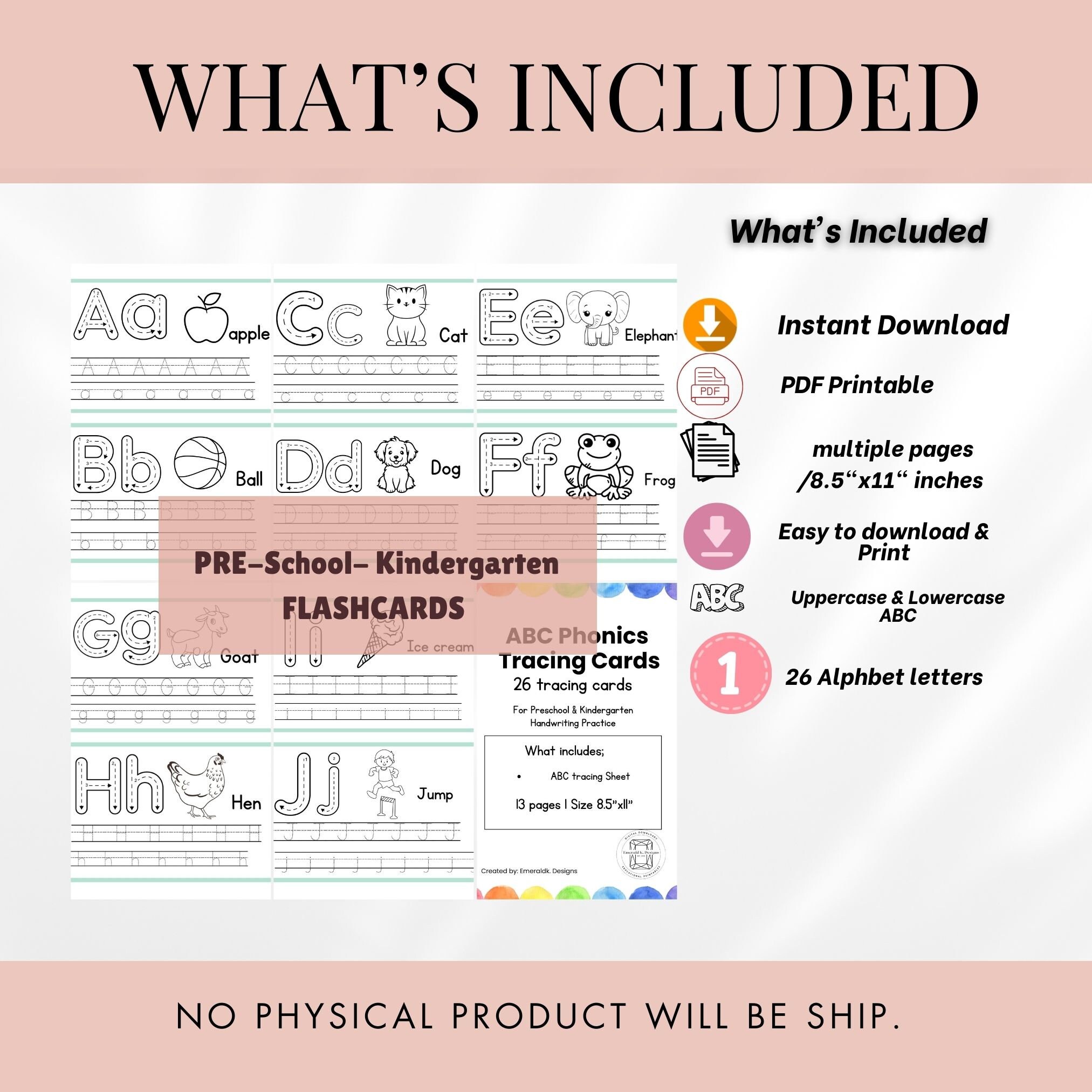 26 Alphabet Phonics Tracing Cards, Printable Uppercase ABC Lowercase ...