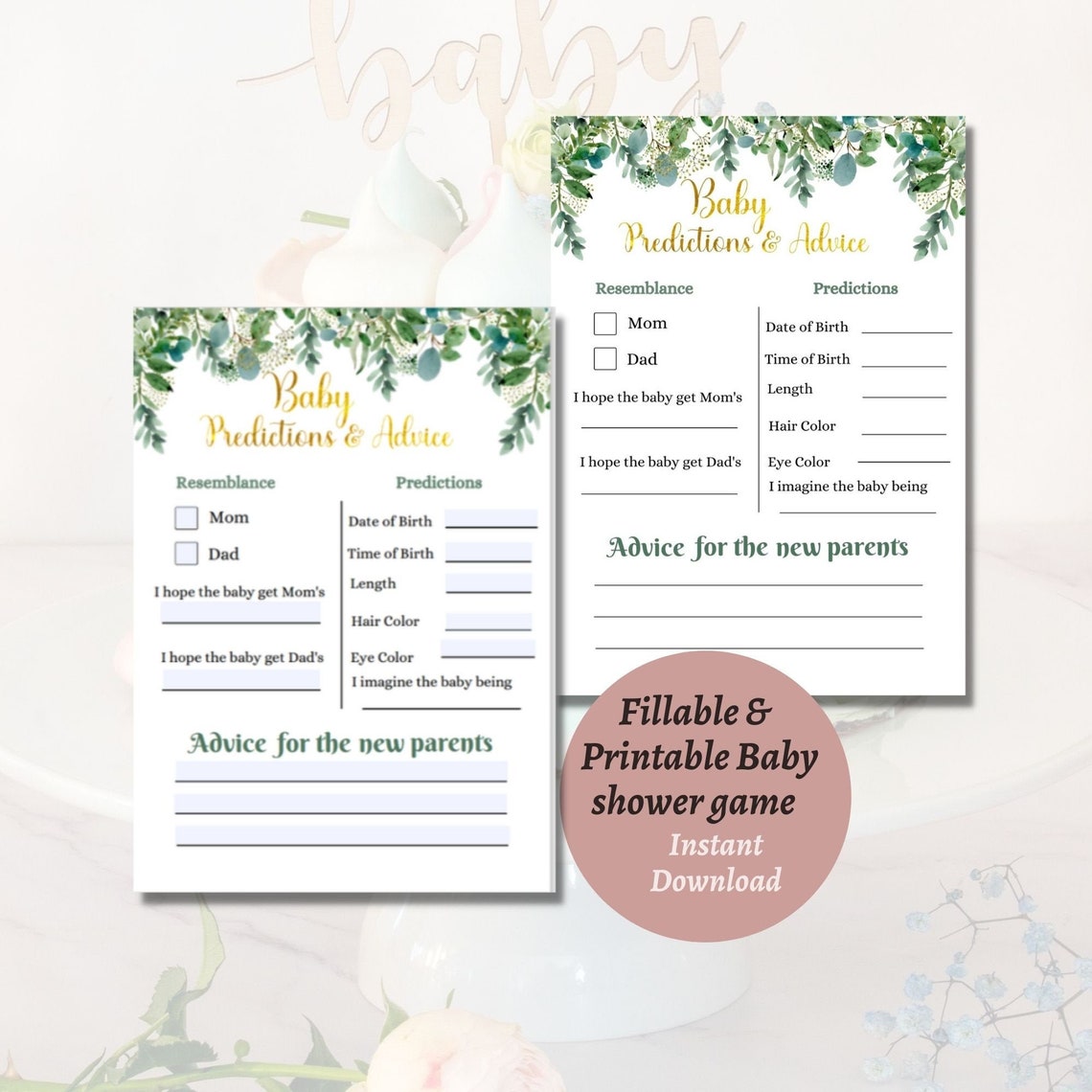 Virtual Fillable Baby Shower Game Prediction and Advice Card, Printable ...