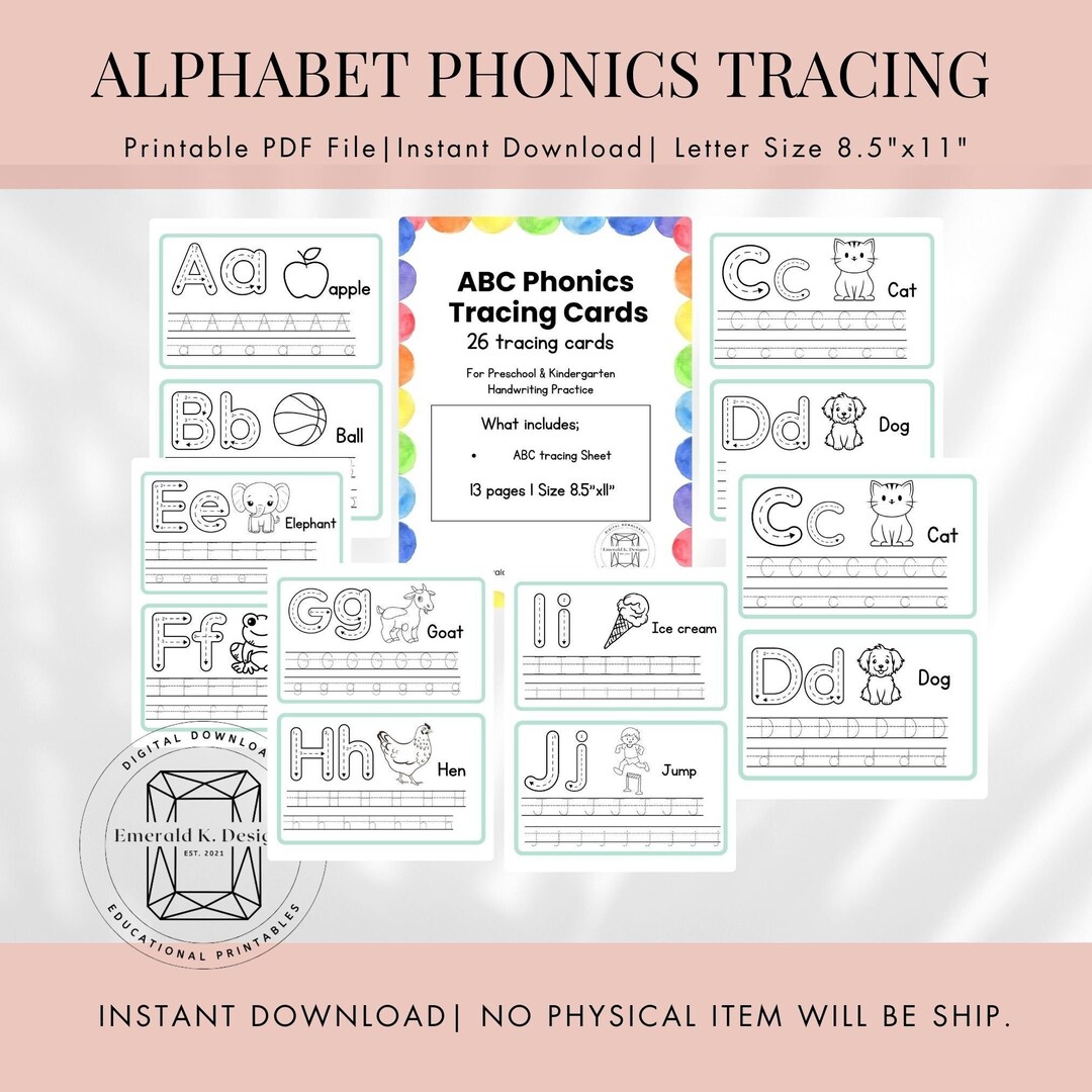 26 Alphabet Phonics Tracing Cards, Printable Uppercase ABC Lowercase ...