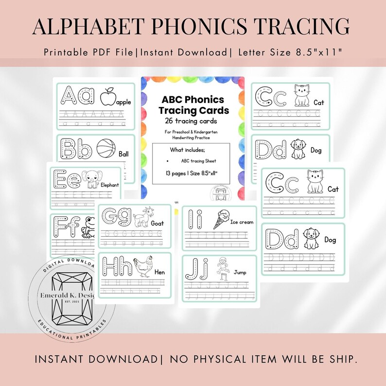 26 Alphabet Phonics Tracing Cards, Printable Uppercase ABC Lowercase ...