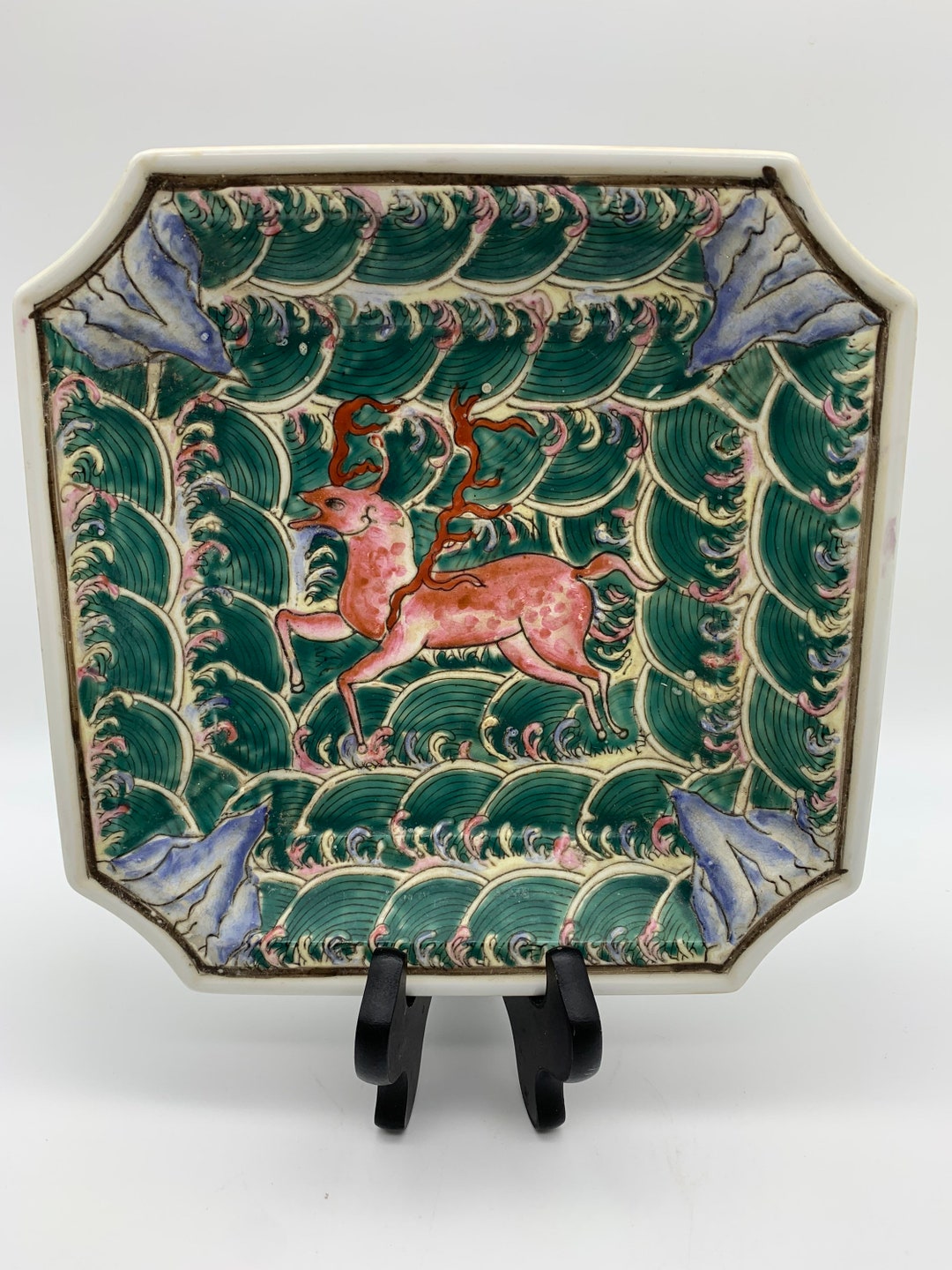 Vintage Raised Relief Asian Red Stag Hand Painted Plate. - Etsy