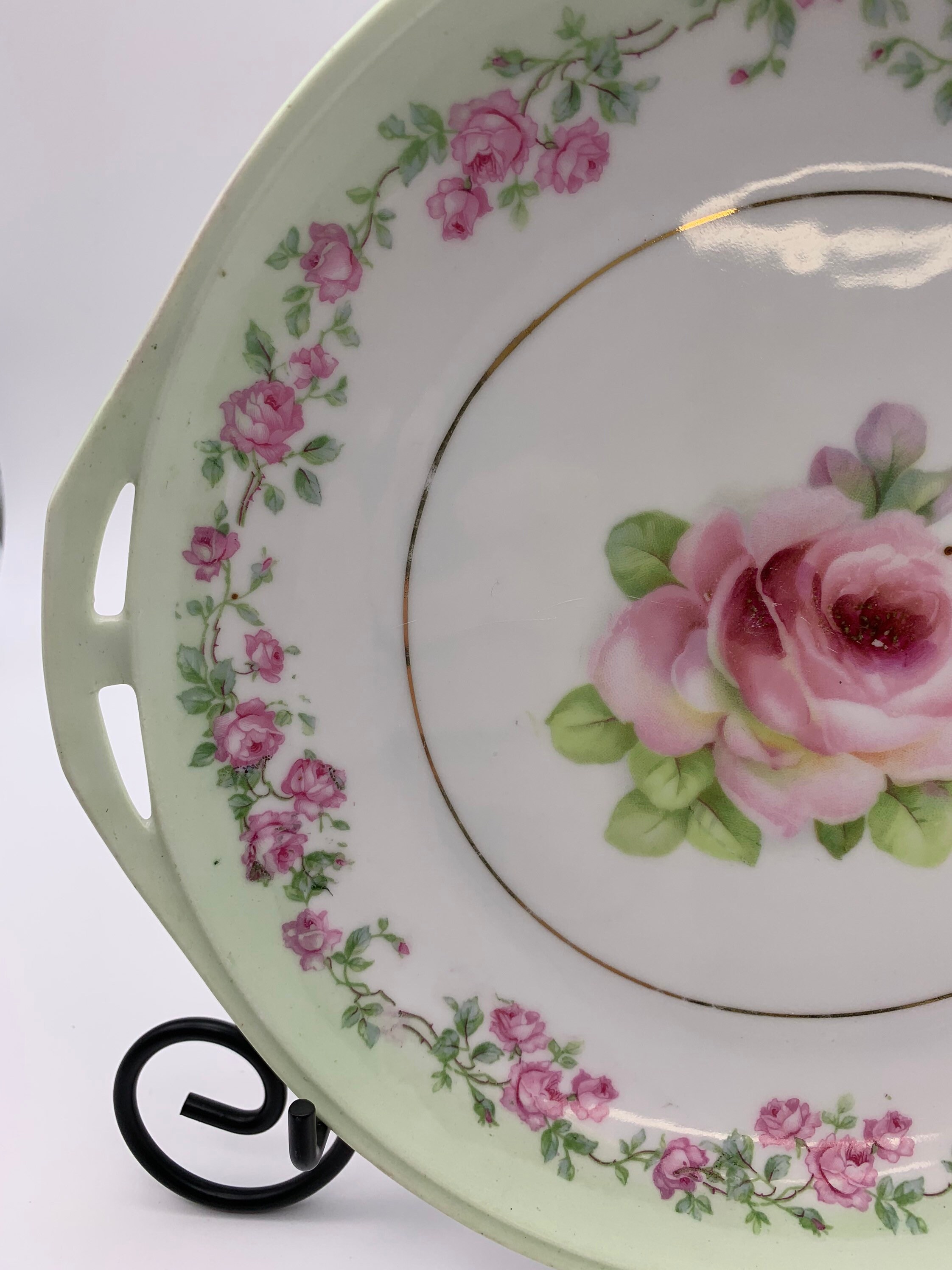 Antique Cake Plate With Pink Roses, Green Edging and Gold Detail Made ...