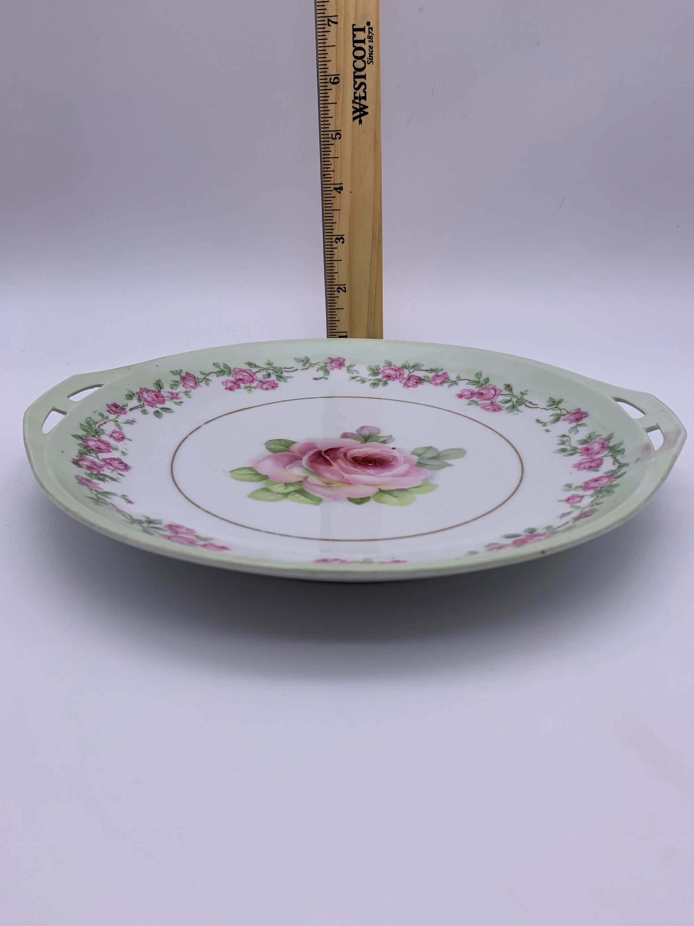 Antique Cake Plate With Pink Roses, Green Edging and Gold Detail Made ...