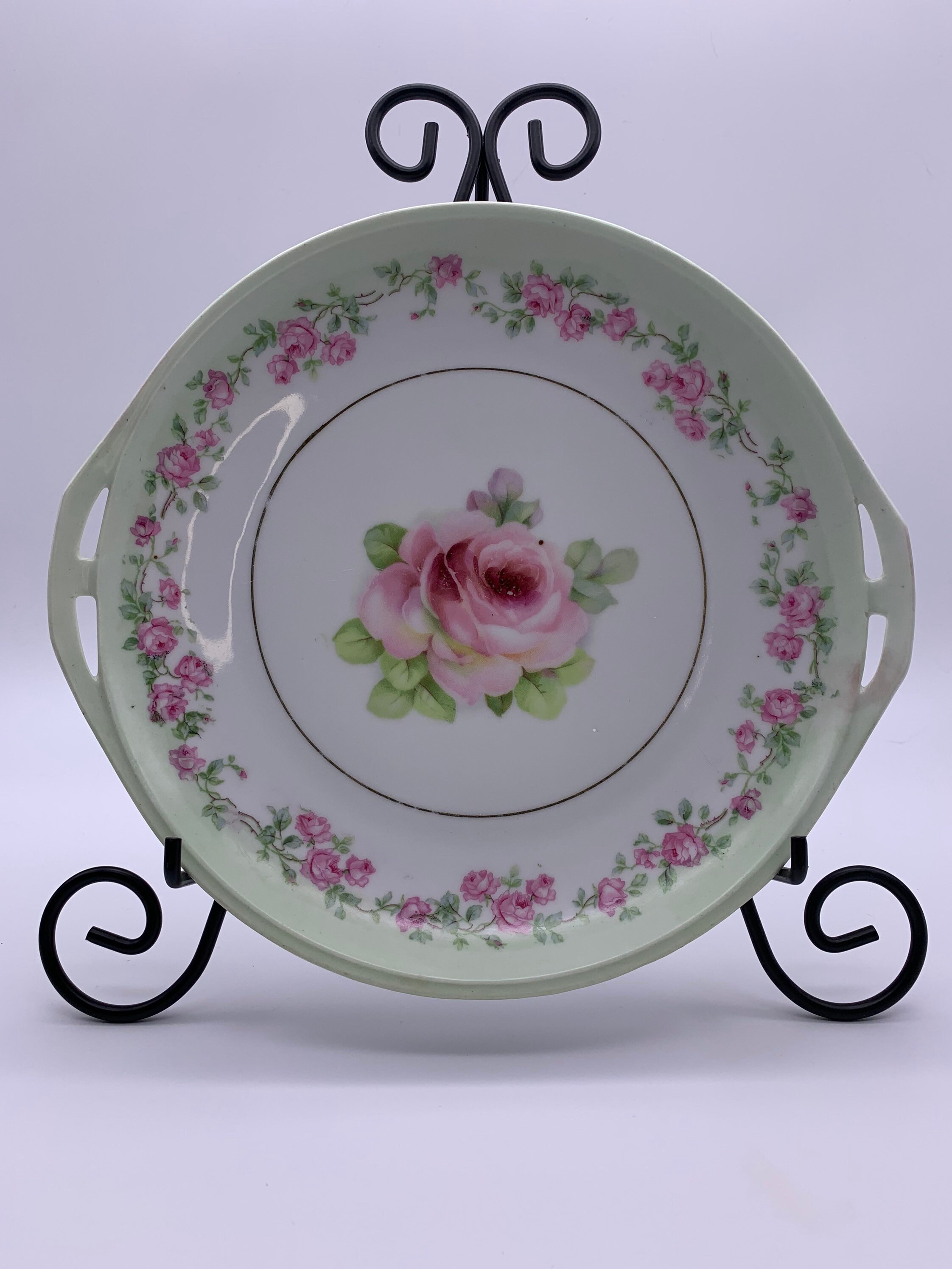 Antique Cake Plate With Pink Roses, Green Edging and Gold Detail Made ...