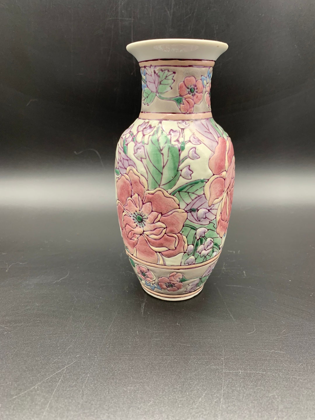 Vintage Porcelain Chinese Vase With Raised Pink and Purple Flowers - Etsy