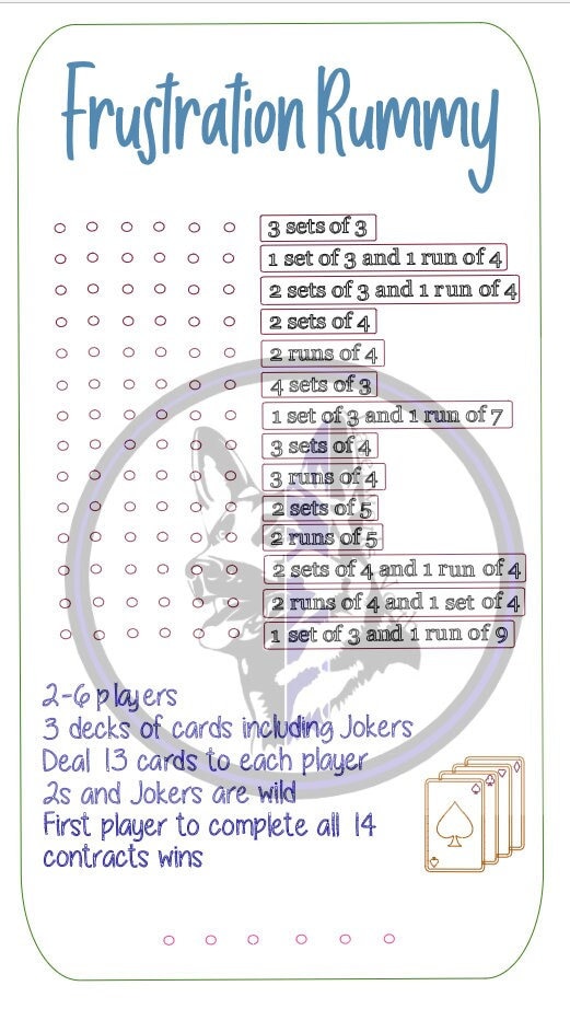 Frustration Rummy (6 Players) Game & Rules Sheet (DIGITAL FILE ONLY) - Etsy