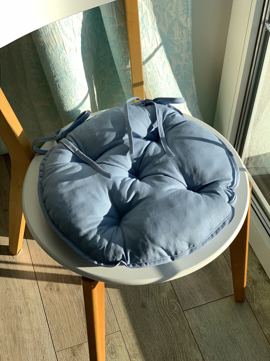 Round Chair Cushion With Ties/ Blue Chair Pad With Ties/ Cotton Seat ...