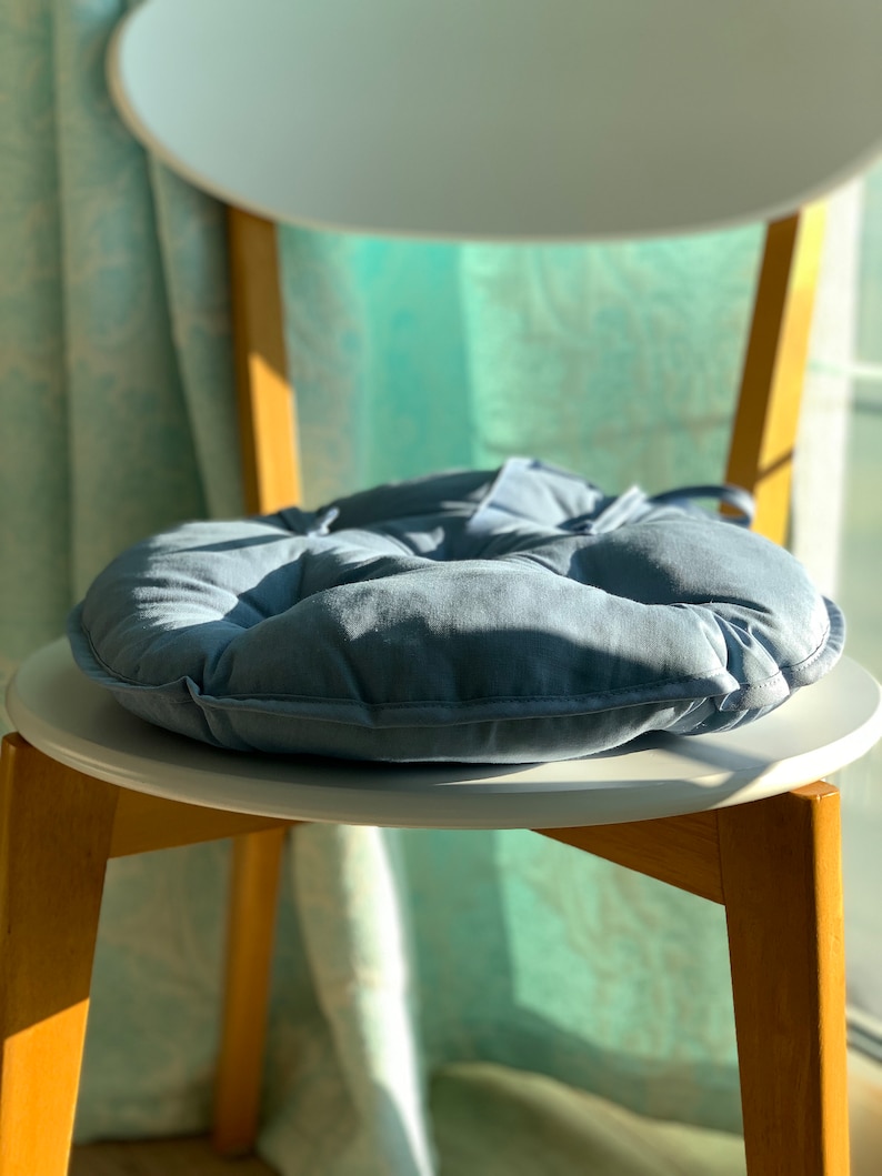 Round Chair Cushion With Ties/ Blue Chair Pad With Ties/ Cotton Seat ...