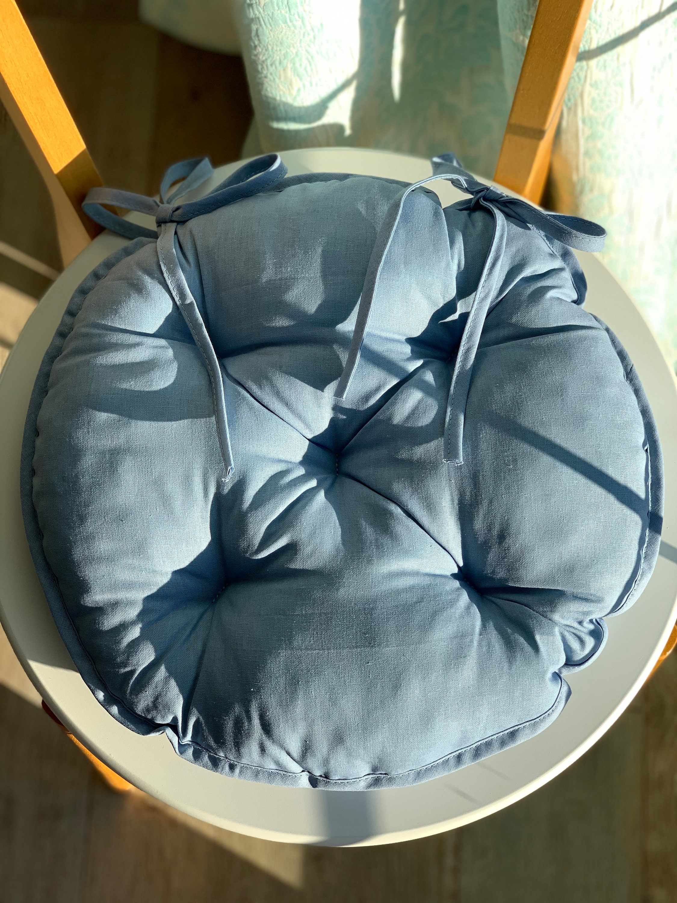 Round Chair Cushion With Ties/ Blue Chair Pad With Ties/ Cotton Seat ...