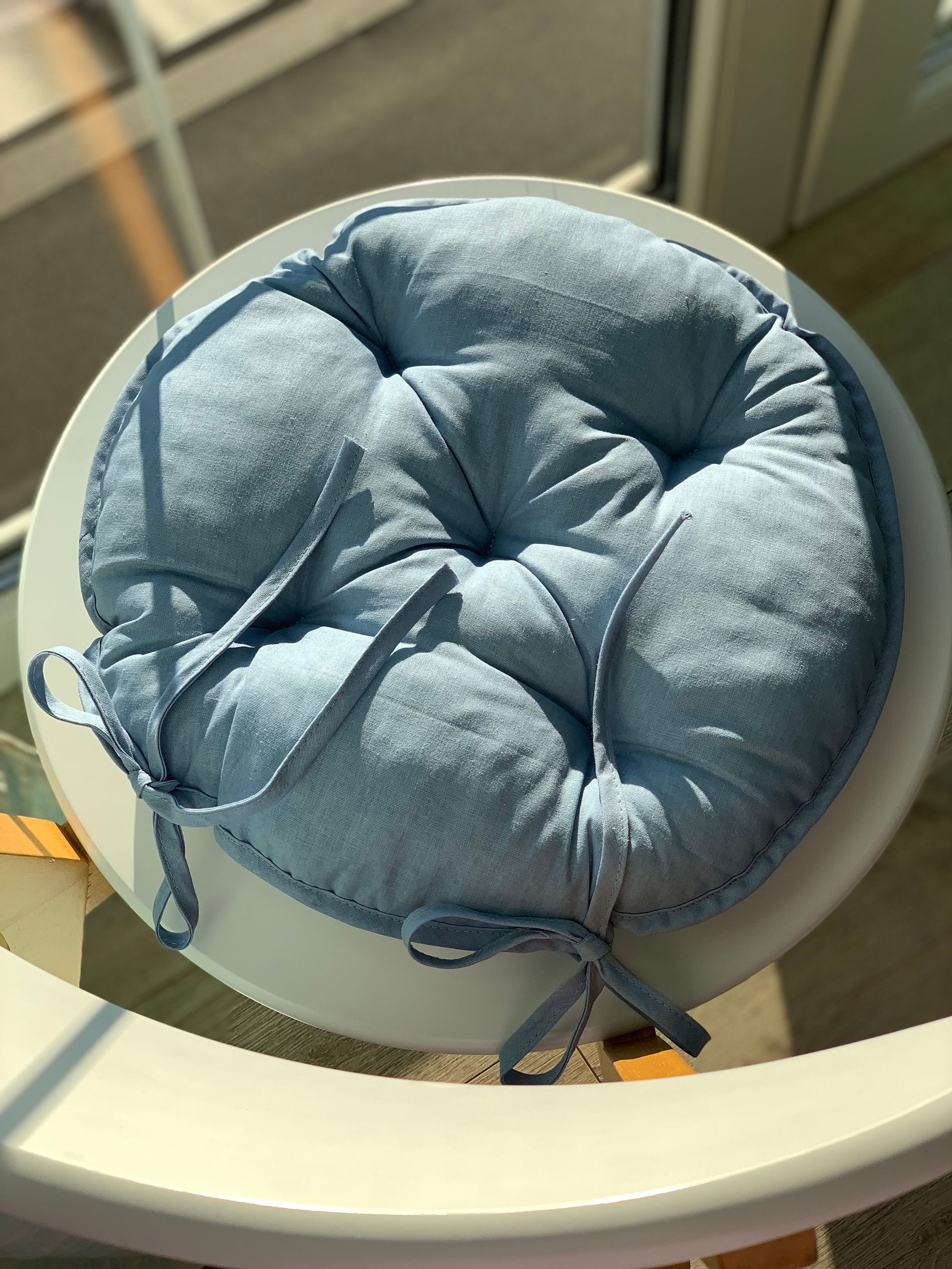 Round Chair Cushion With Ties/ Blue Chair Pad With Ties/ Cotton Seat ...