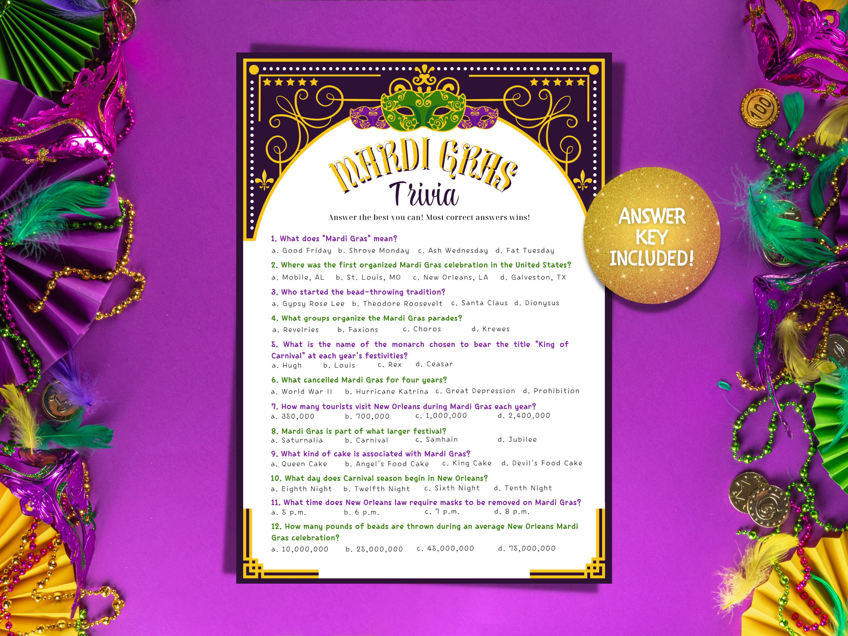 Mardi Gras Trivia Game Trivia Games Mardi Gras Game Fat - Etsy