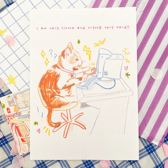 Hard Working Kitty A5 Doodle Print | Etsy