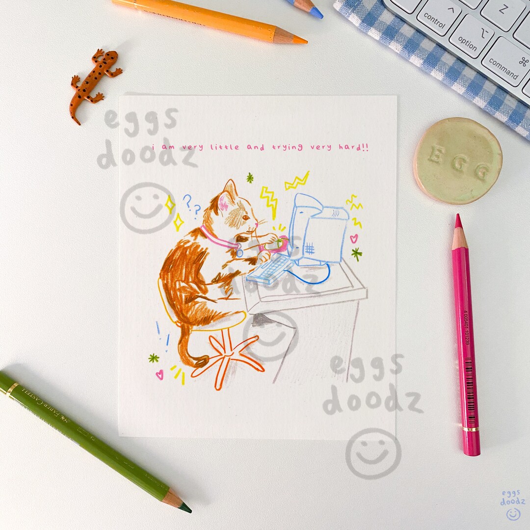 Hard Working Kitty A5 Doodle Print - Etsy