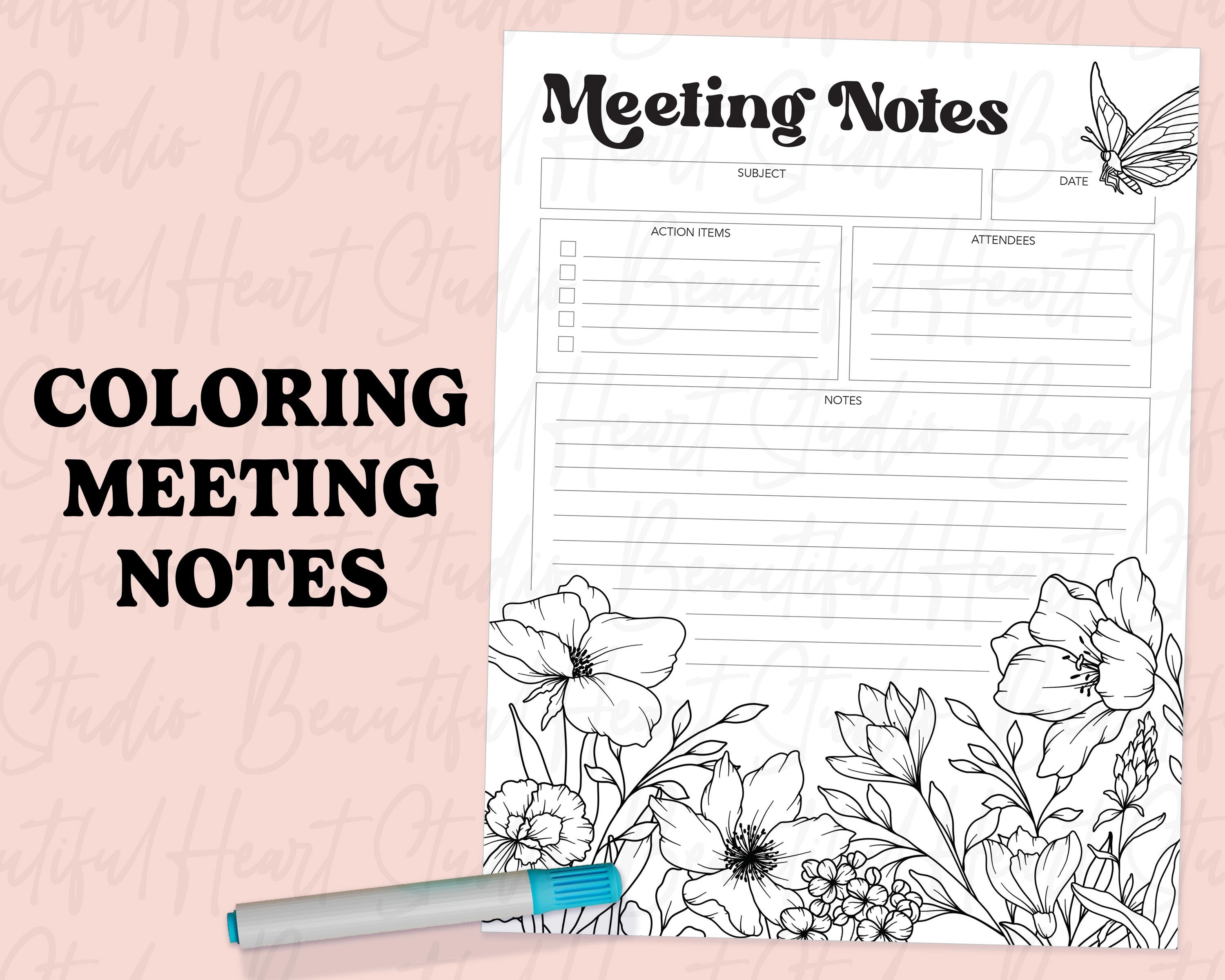 Meeting Notes Coloring Page Printable Planner Pdf Floral Template Adult ...