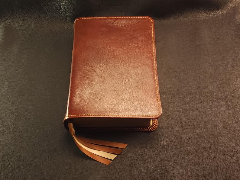 Dark Cognac Cowhide Leather Thinline Bible With Honey Brown Stitching ...