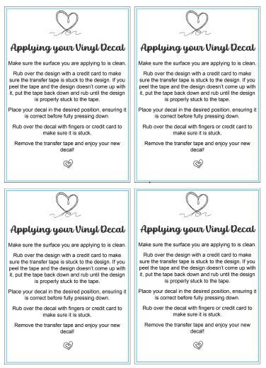 Vinyl Decal Application Instructions, Printable Vinyl Decal Care Card ...