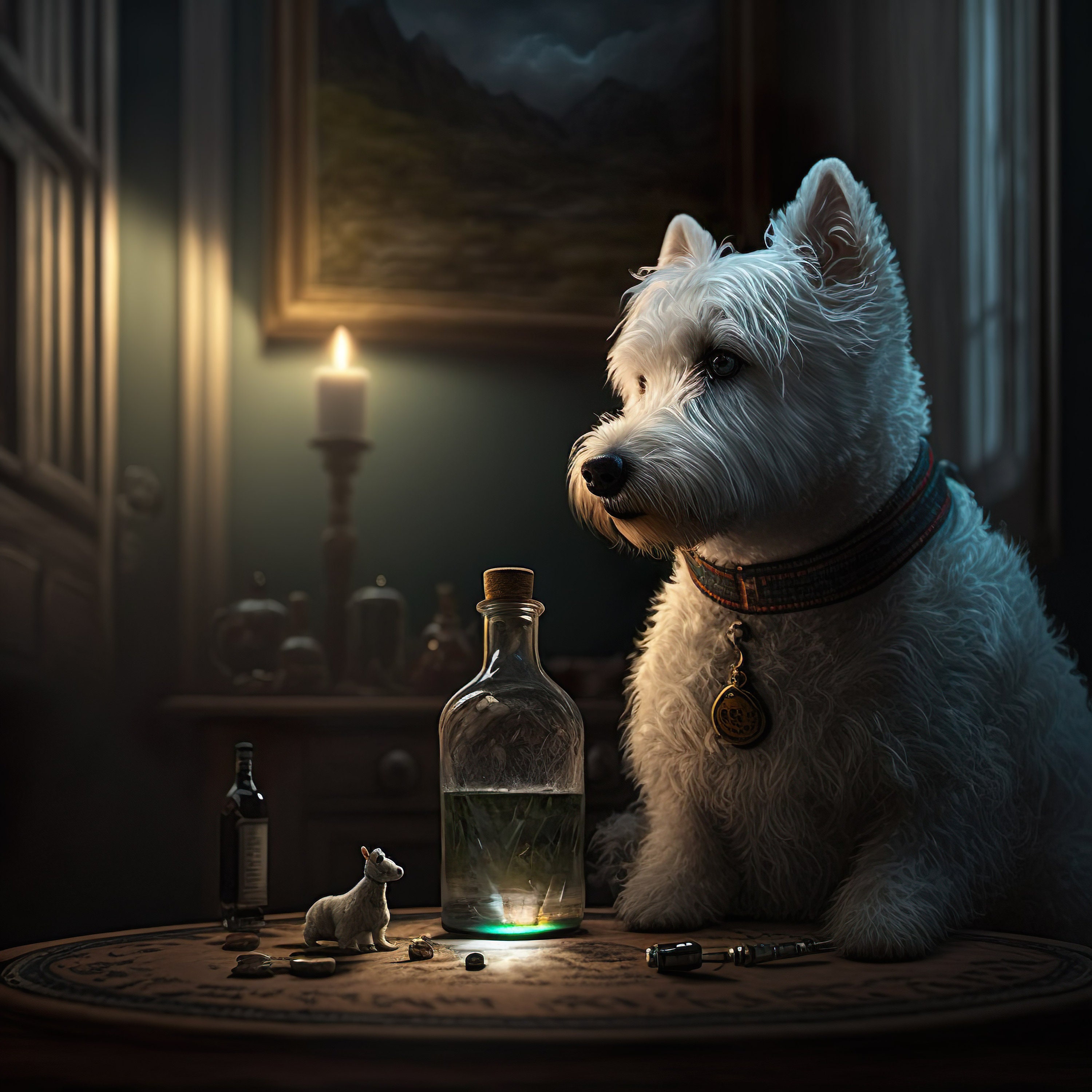 Beautiful White Dog With a Bottle of Gin. Wall Art, Wall Decor, Dog ...