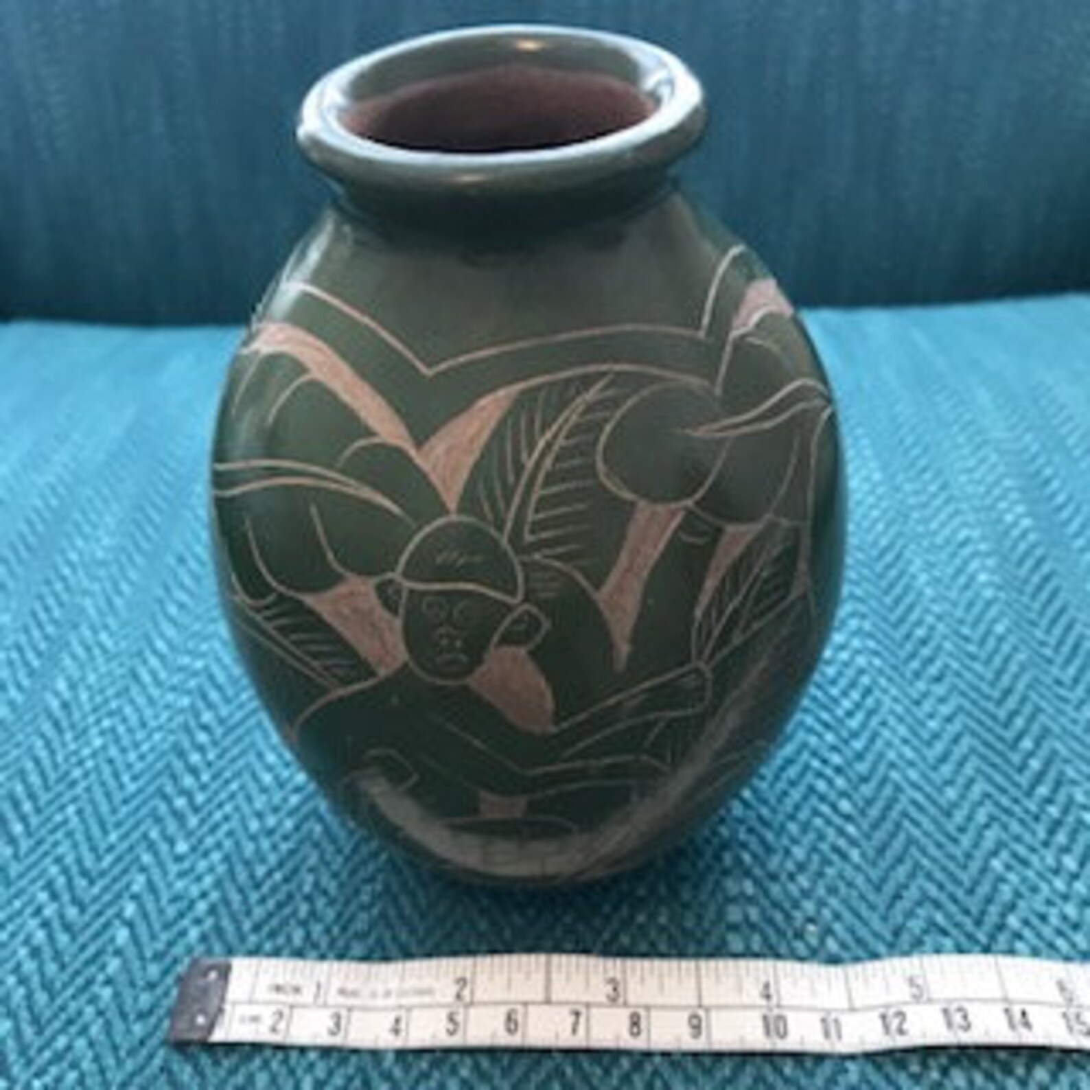 Vintage Green Costa Rican Clay Vase w/Monkey & Bird | Etsy