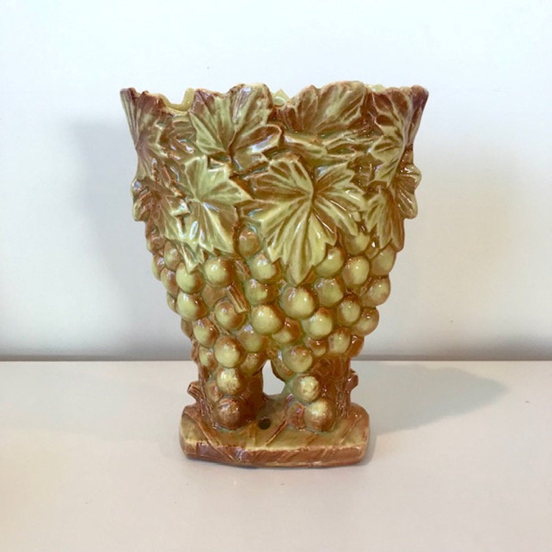 Vintage Mccoy Glazed Ceramic Trumpet Vase With Grapes and Grape Leaves ...